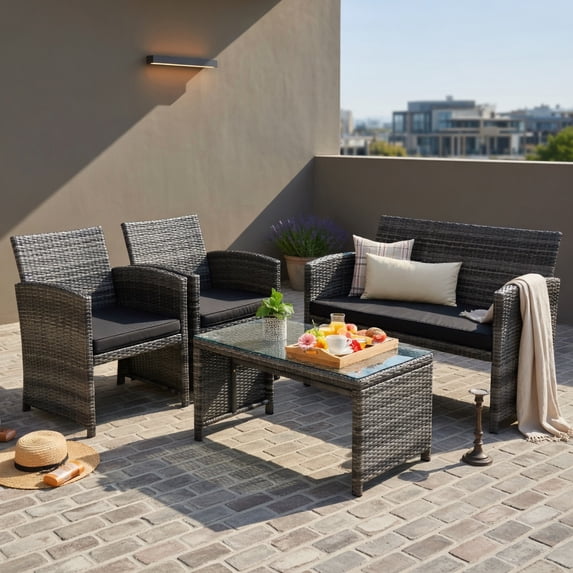 Hommoo 3-Piece Outdoor Rattan Patio Furniture Set, 2 Cushioned Single ...