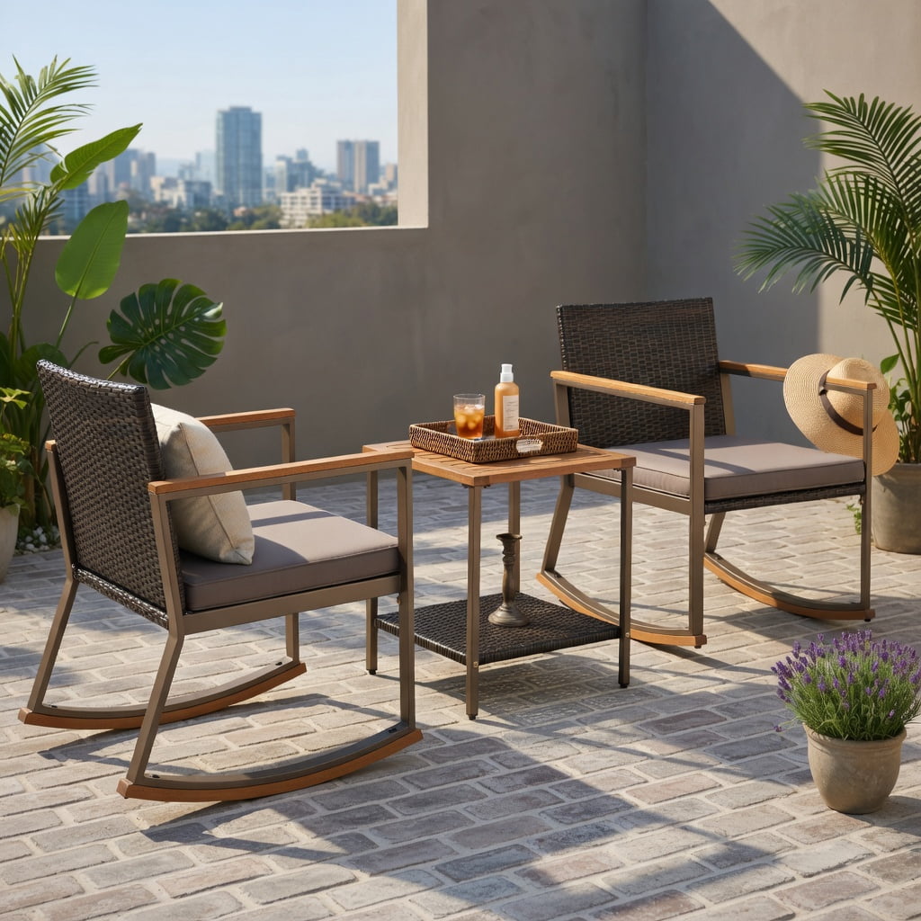 Hommoo 3-Piece Outdoor Rattan Rocking Bistro Set, Cushions, Acacia Wood ...