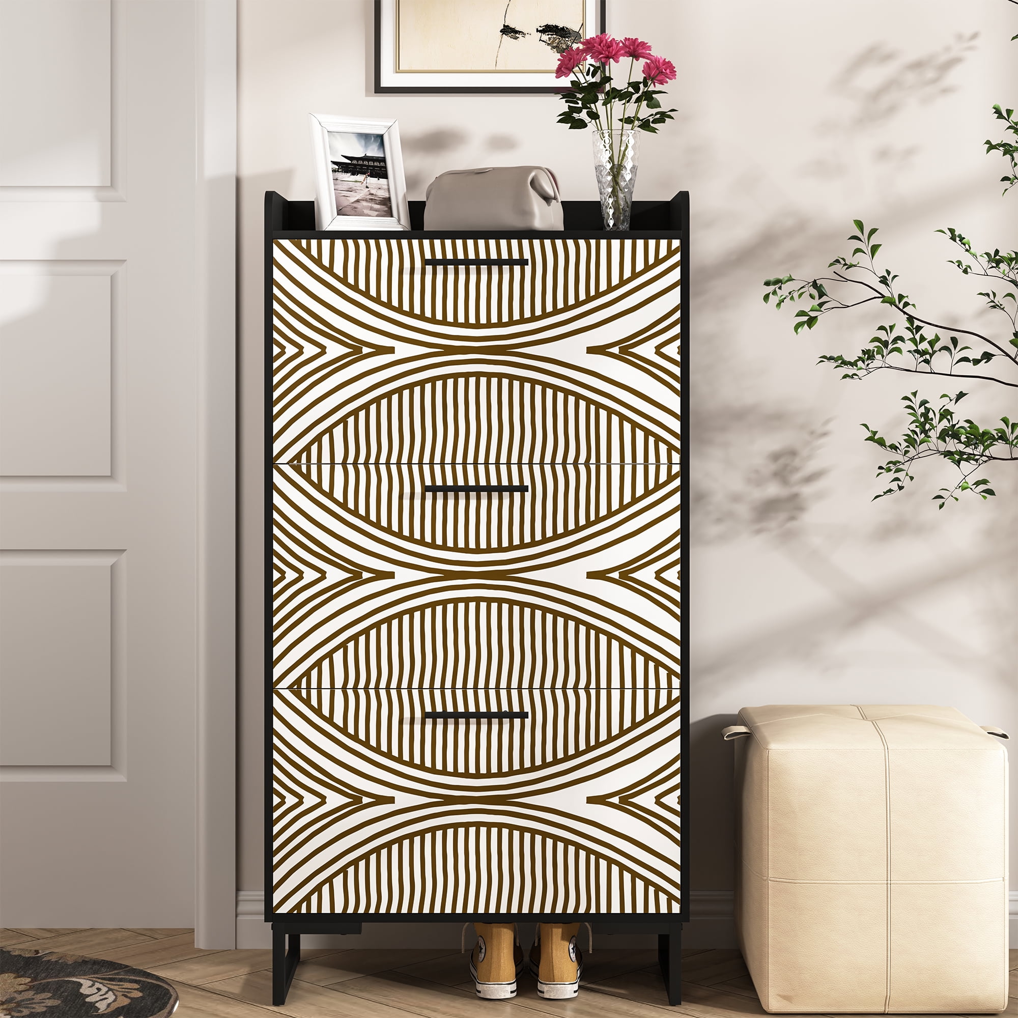 Hommoo 3 Tiers Flip Shoe Storage Cabinet with PVC Painted, Modern Wood ...