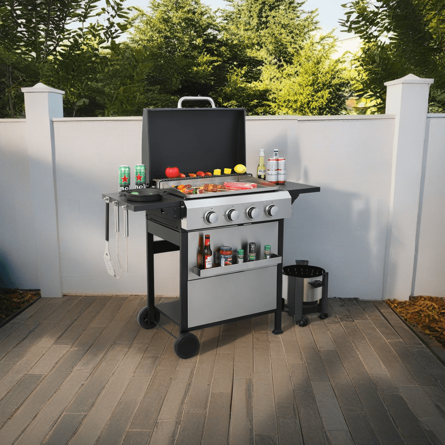 Hommoo 4-Burner Propane Gas BBQ Grill, BBQ Grill with SS Plancha and ...