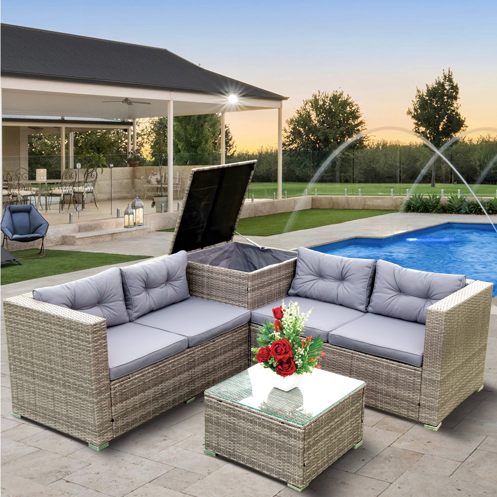 Hommoo 4 Piece Patio Outdoor Sectional Sofa with Storage Box Wicker Rattan Outdoor Furniture Sofa Set for 4 People Grey