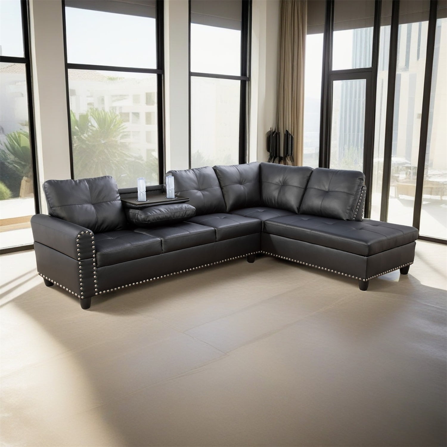 Hommoo 4-Seat Faux Leather Sectional Sofa - L-Shaped Design - Black ...
