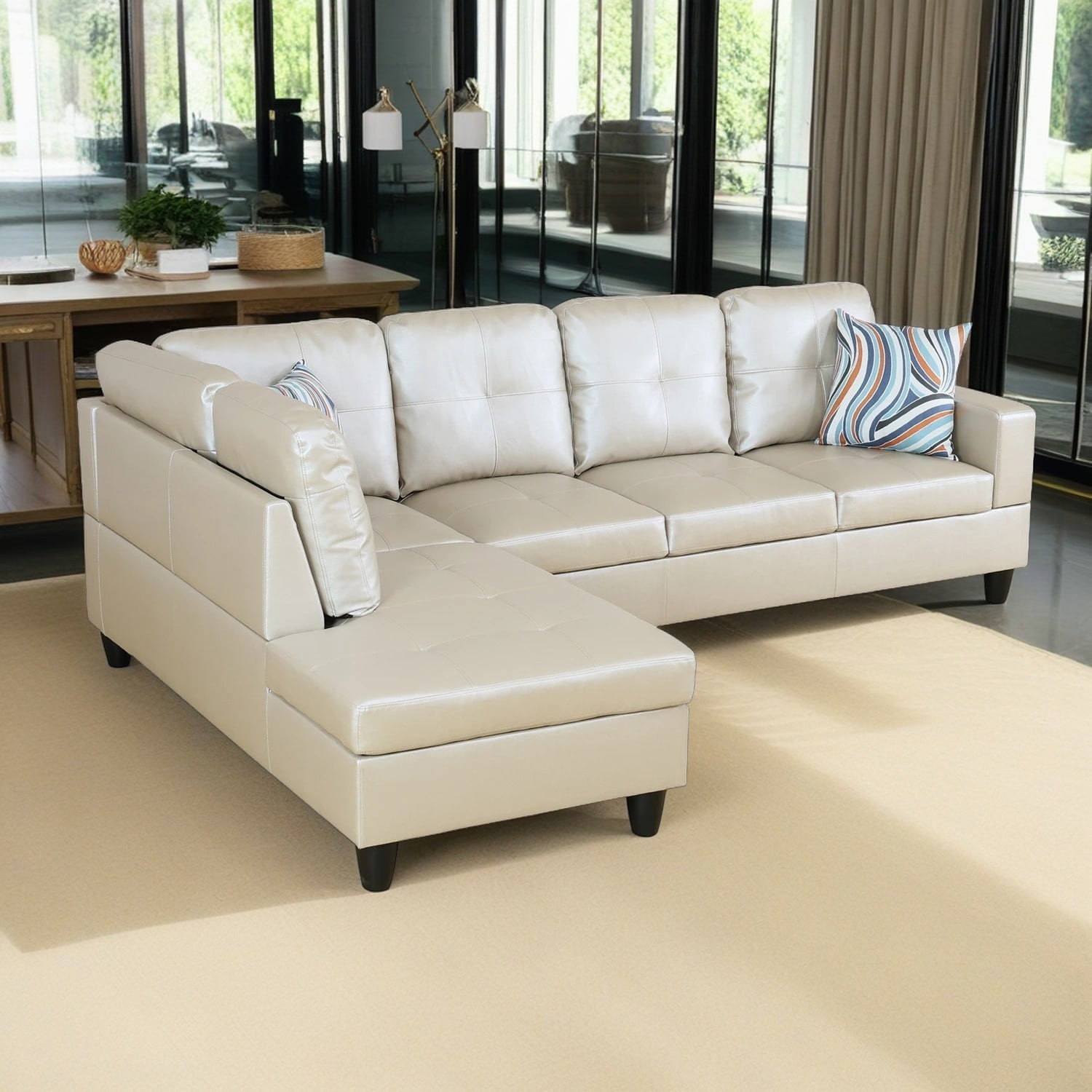 Free Shipping! Hommoo 4-Seat L-Shaped Sectional Sofa Latte Semi PU ...