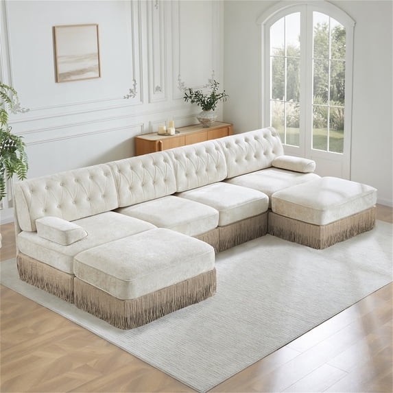 Hommoo 4-Seater Chesterfield Style Velvet Fabric U-Shaped Sectional ...