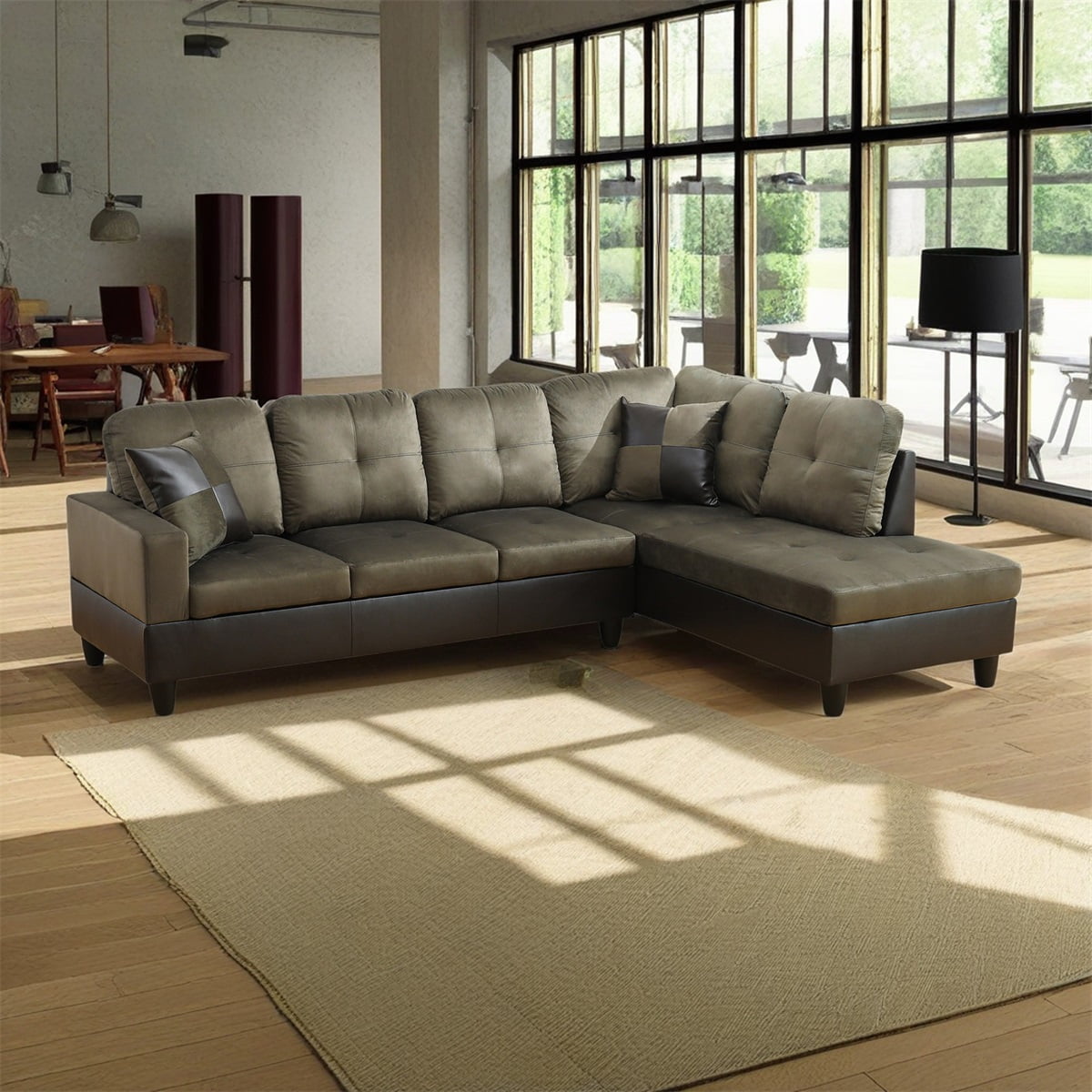 Free Shipping! Hommoo 4 Seats Taupe Flannel PVC L-Shaped Sectional Sofa ...