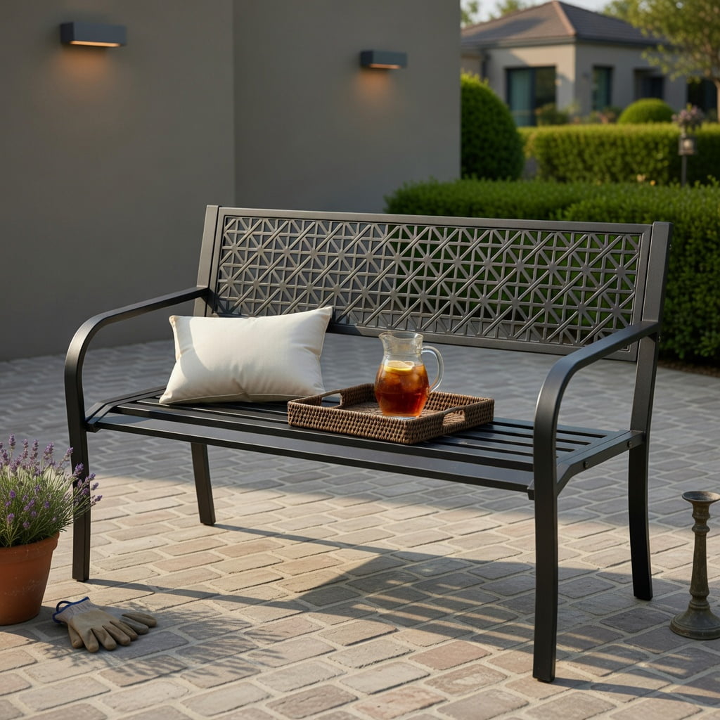 Hommoo 50" Metal Garden Bench for 2-3 People, Stylish Patterned ...