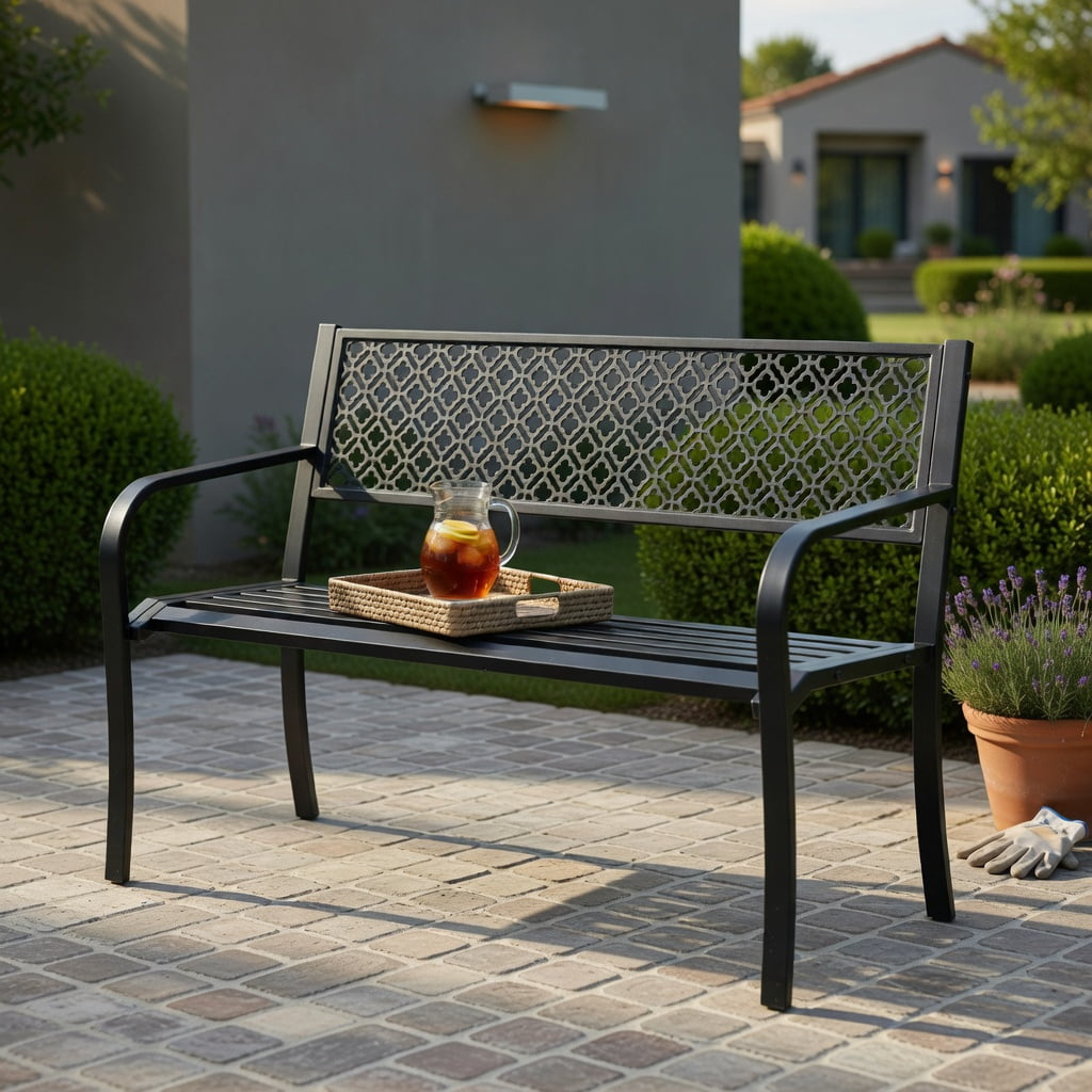 Hommoo 50" Modern Metal Garden Bench with Geometric Lattice Backrest ...