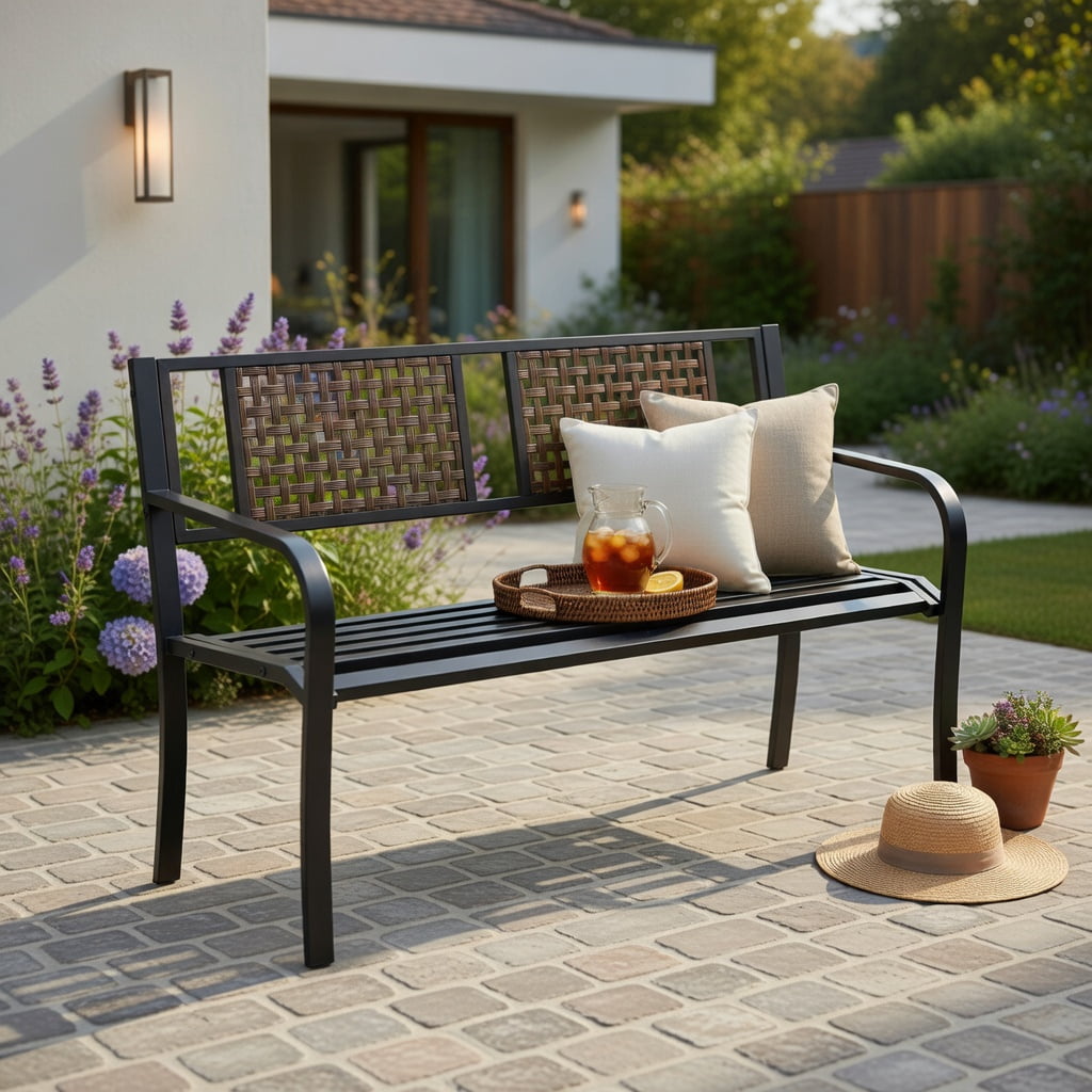 Hommoo 50" Outdoor Metal Patio Bench for 2-3 People, Rattan-Style ...