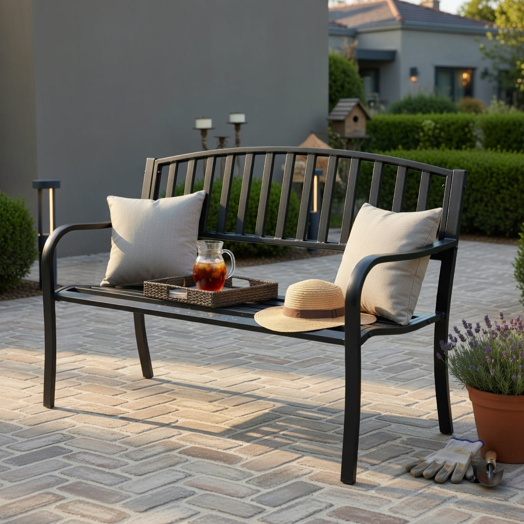 Hommoo 50" Outdoor Steel Garden Bench Loveseat, Modern Patio Bench for ...