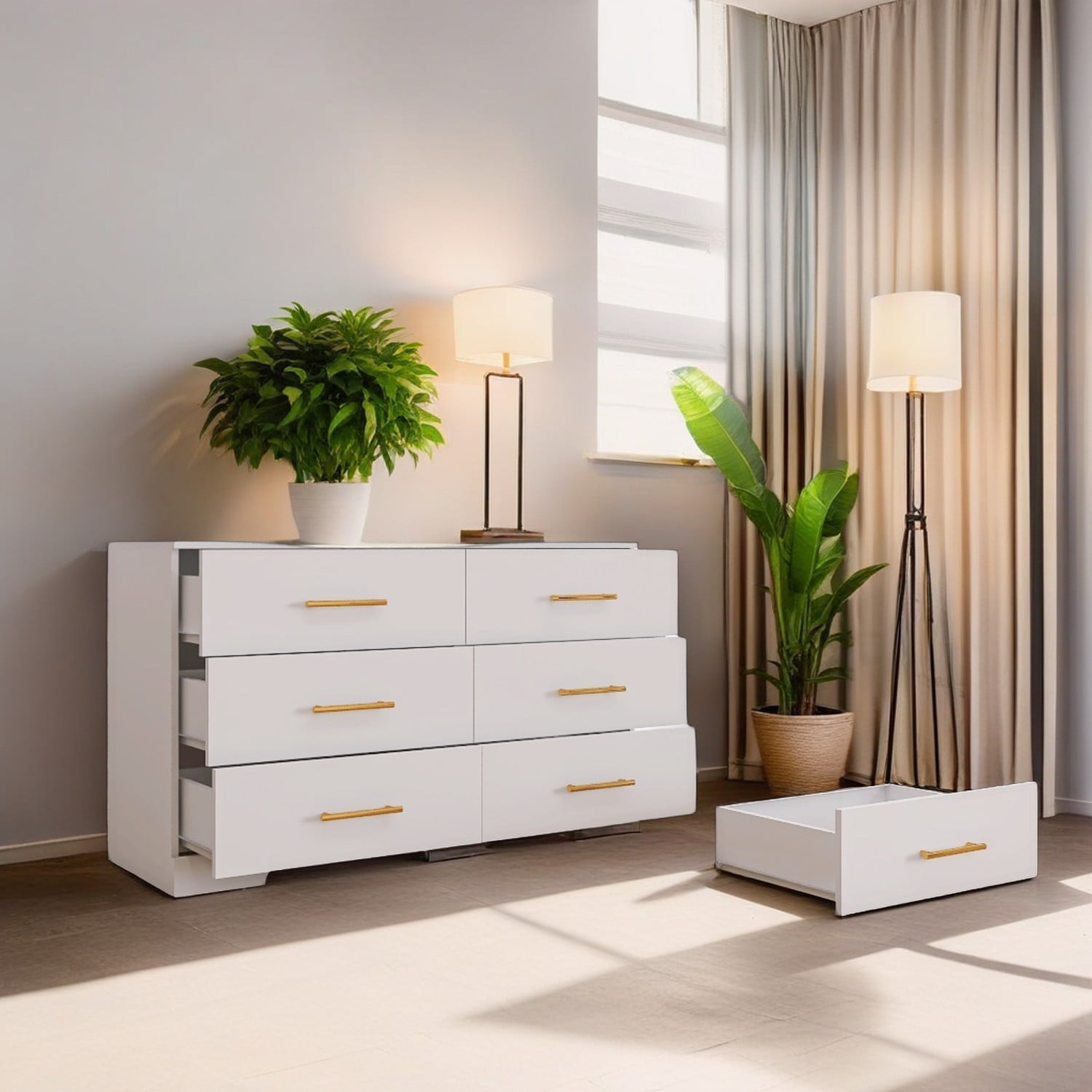 Hommoo 6 Drawers Dresser, Dressers Table with Golden Handle, Chest of ...