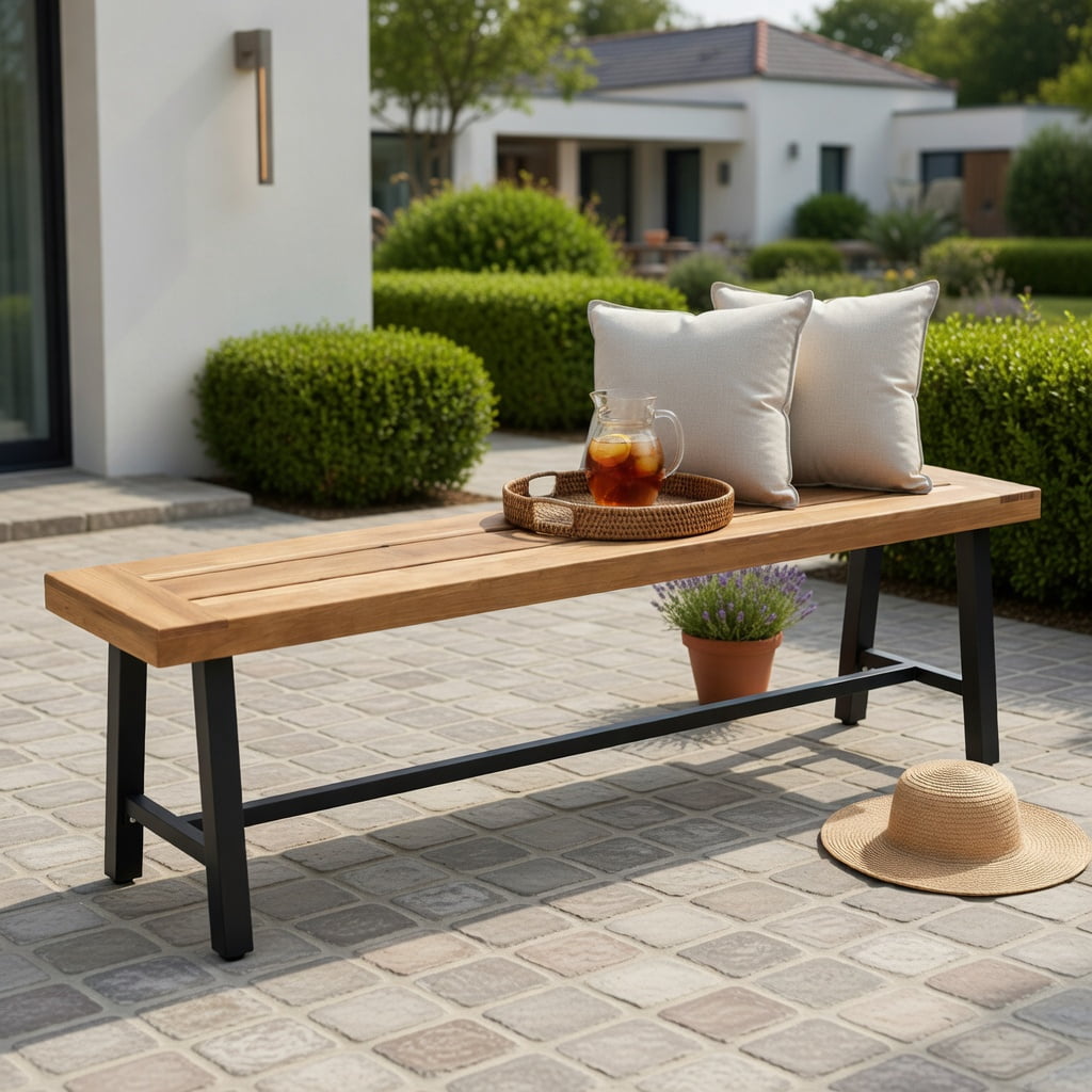 Hommoo 63" Acacia Wood Outdoor Patio Bench for 3 People, Metal-Framed ...