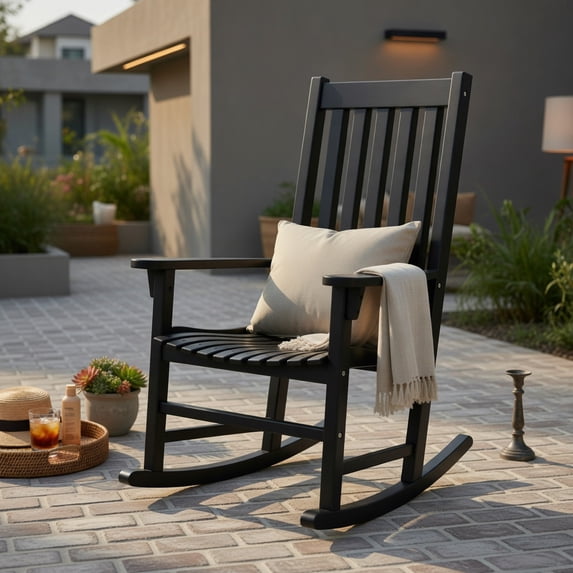 Hommoo Acacia Wood Indoor & Outdoor High-Back Rocking Chair, Weather ...