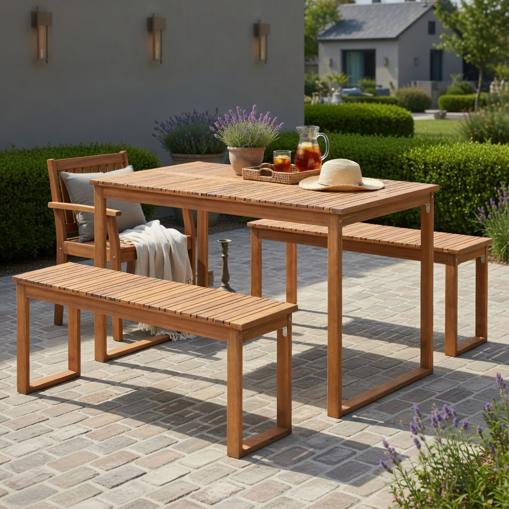 Hommoo Acacia Wood Outdoor Garden Bench Set of 2, Slatted Seat Patio ...