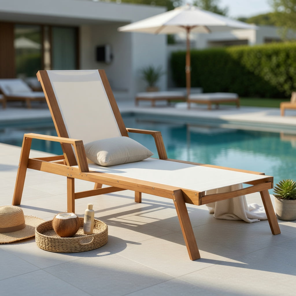 Hommoo Acacia Wood Patio Chaise Lounge Chair with Adjustable Backrest ...