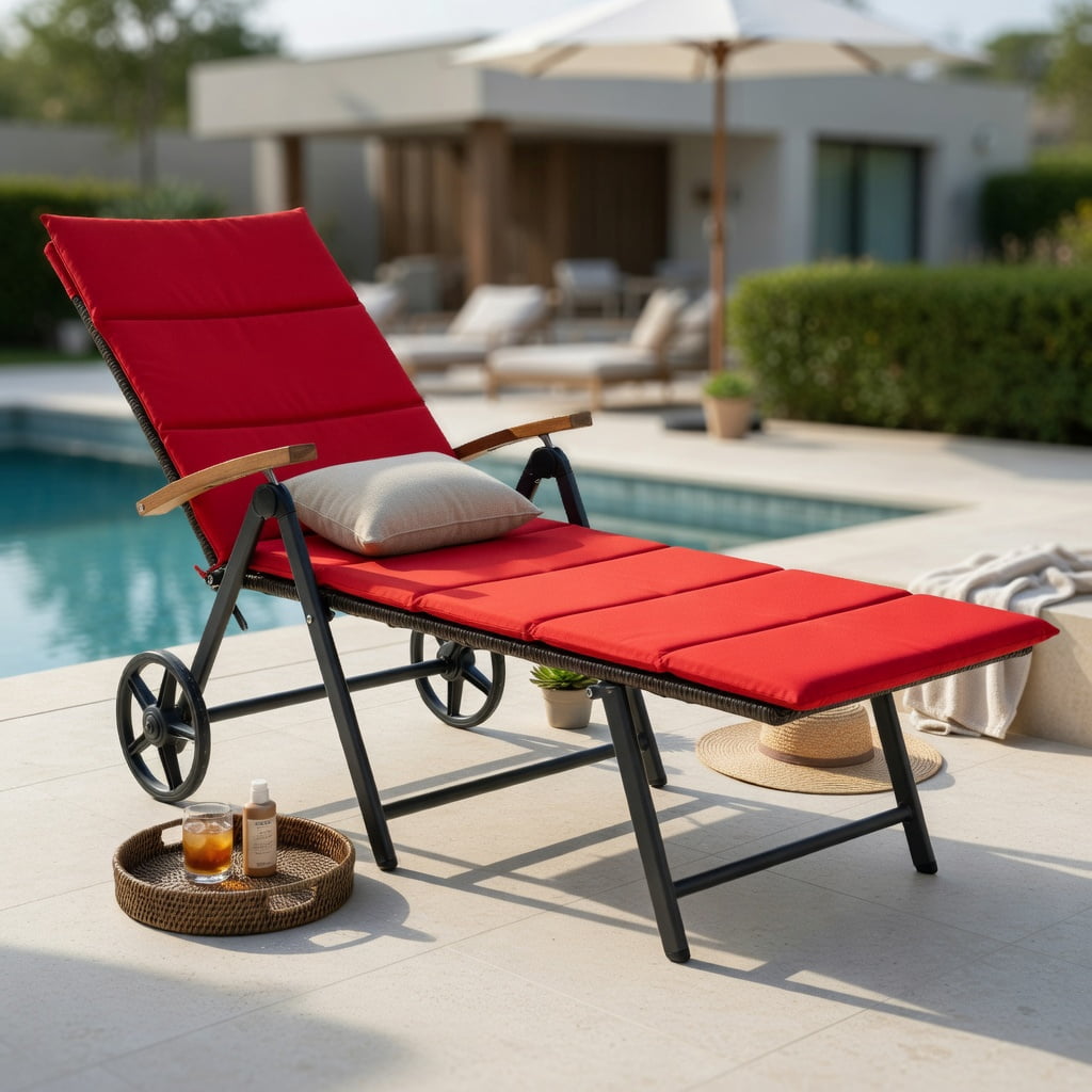 Hommoo Adjustable Folding Outdoor Rattan Lounge Chair with 2 Wheels, PE ...