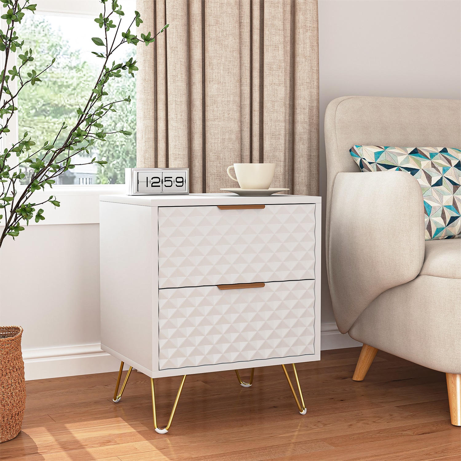 Hommoo Carving Texture 2-Drawer Nightstand, Modern Bedside Table with ...