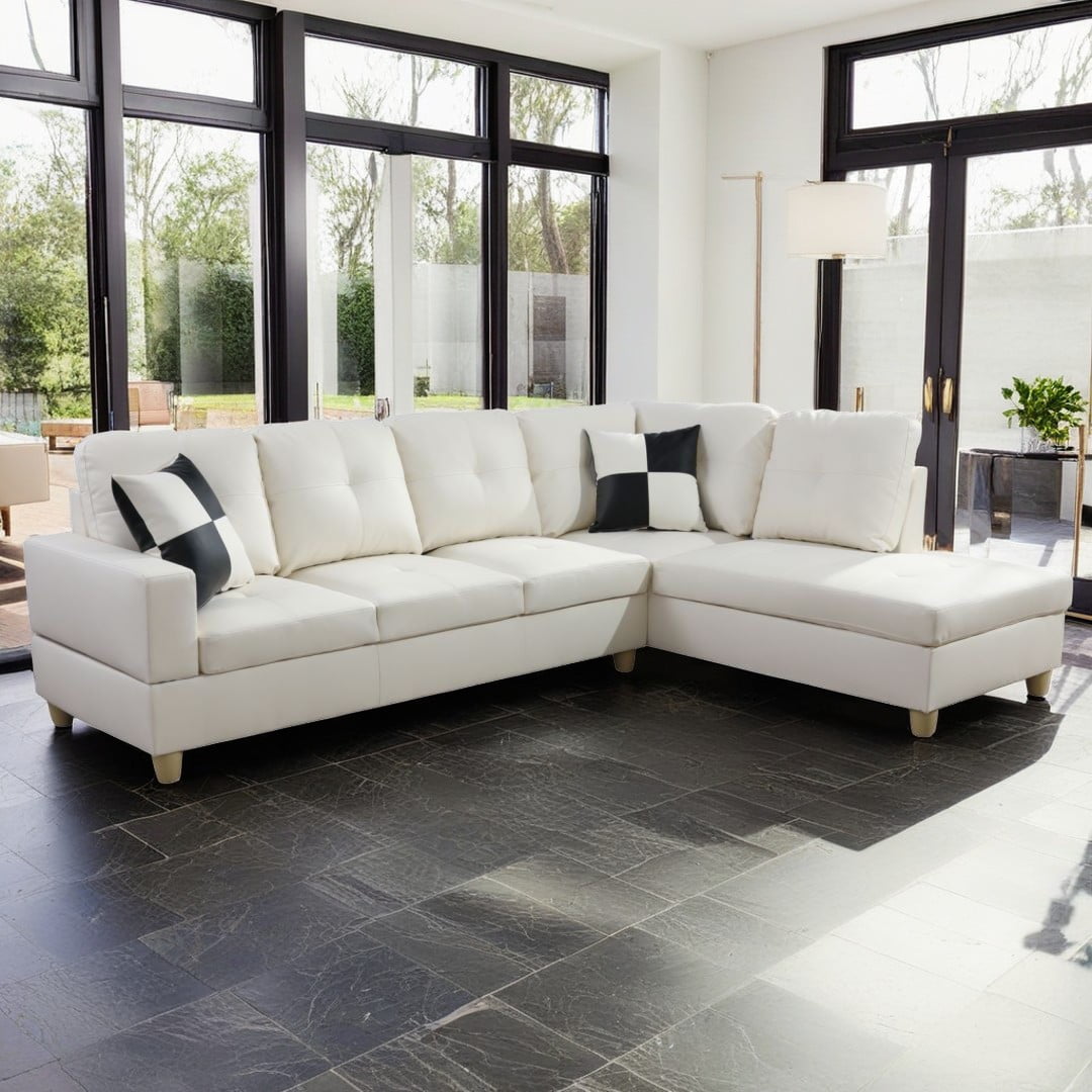 Hommoo Faux Leather L-Shaped Sectional Sofa - 4-Seat Couch Set - White ...