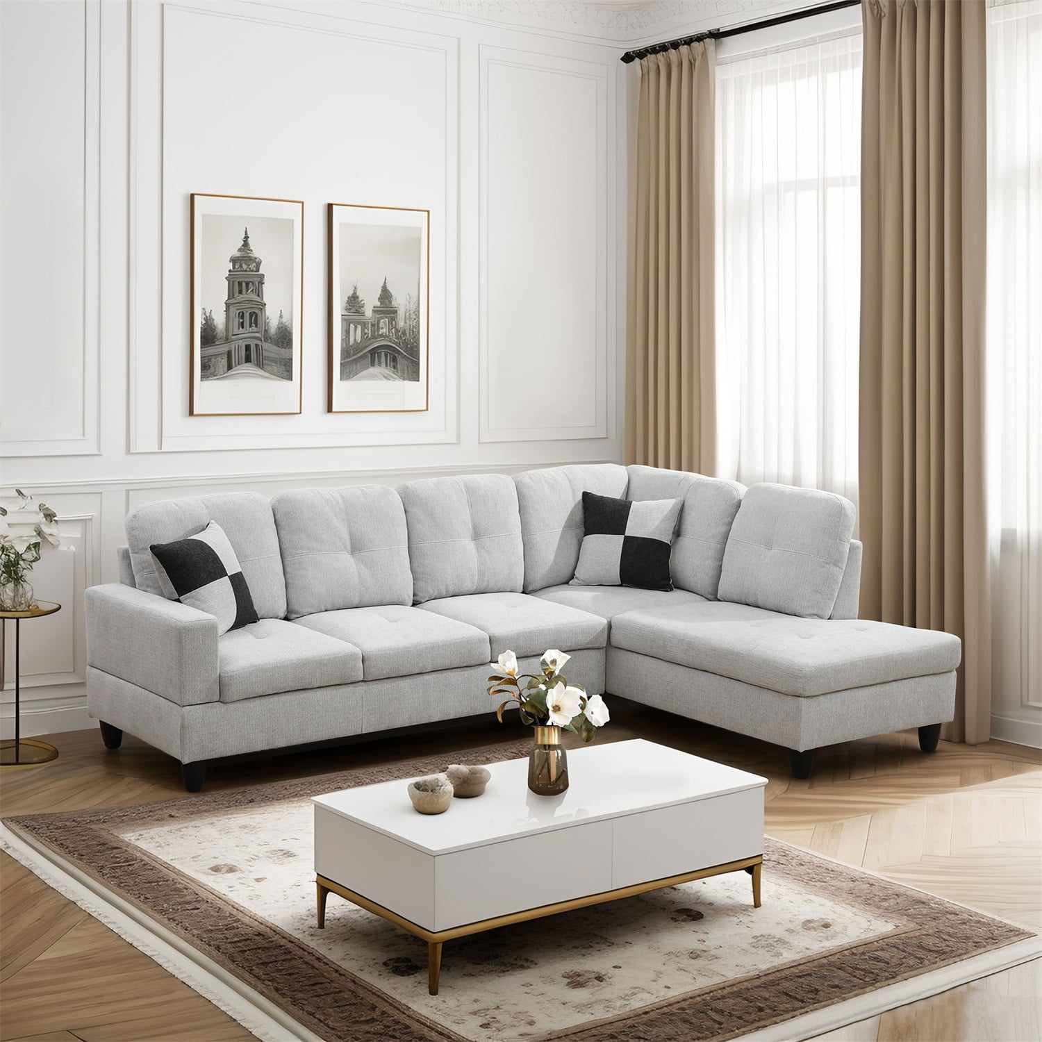Free Shipping! Hommoo Flannel Modern Sectional Sofa Set Off-White Faux ...