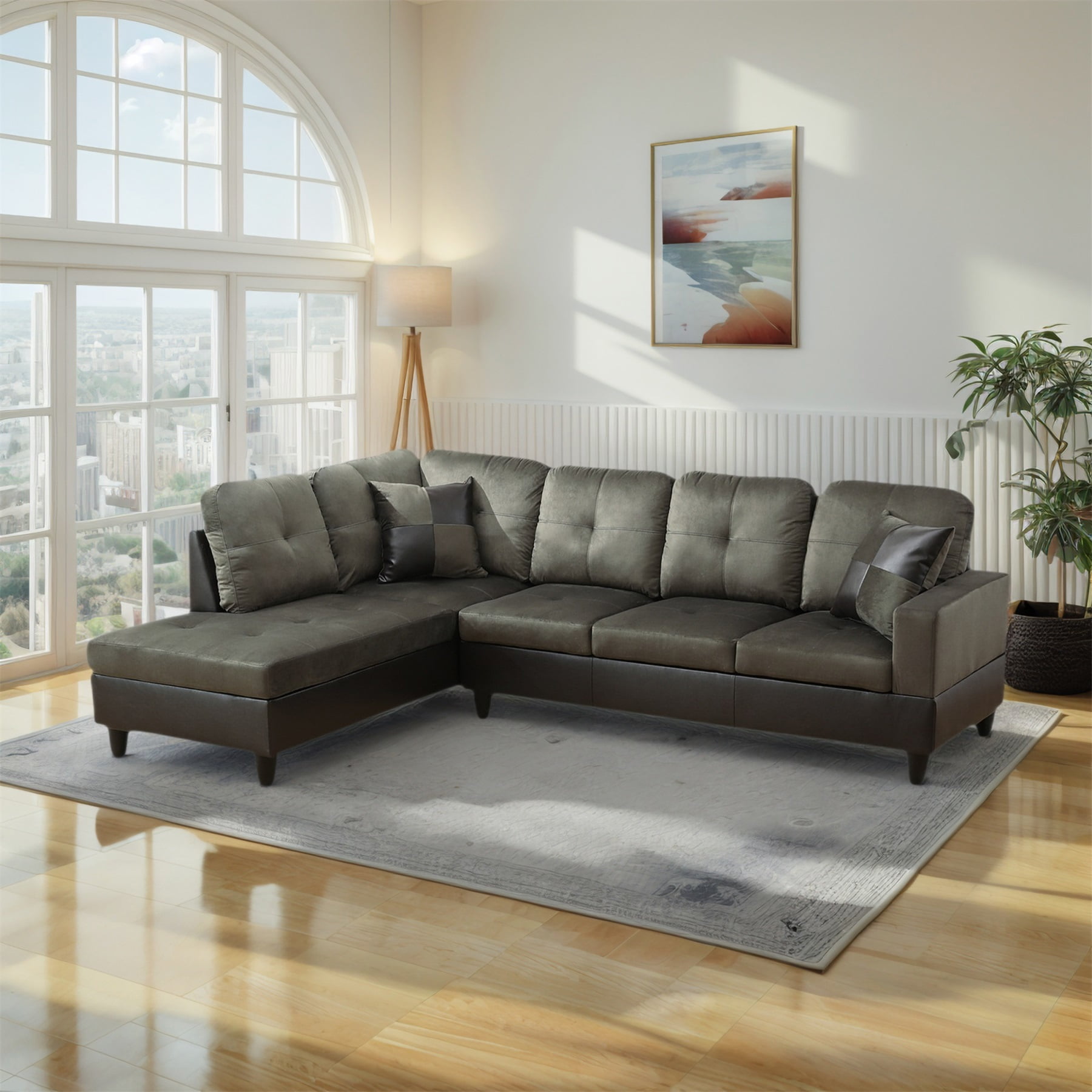 Hommoo Flannel & PVC L-Shaped Sectional Couch and Sofa Set, Modern ...