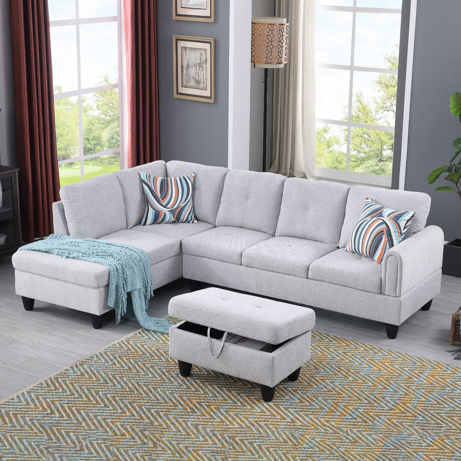 Hommoo Flannel Sectional Couch Sofa Set, Modern L Shaped Couch Living ...