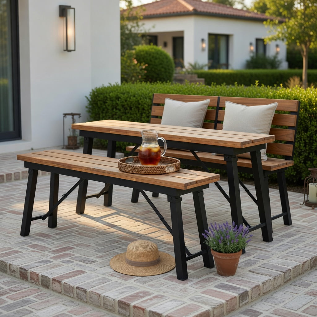 Hommoo Folding Rectangular Picnic Bench Set, Acacia Wood & Metal ...