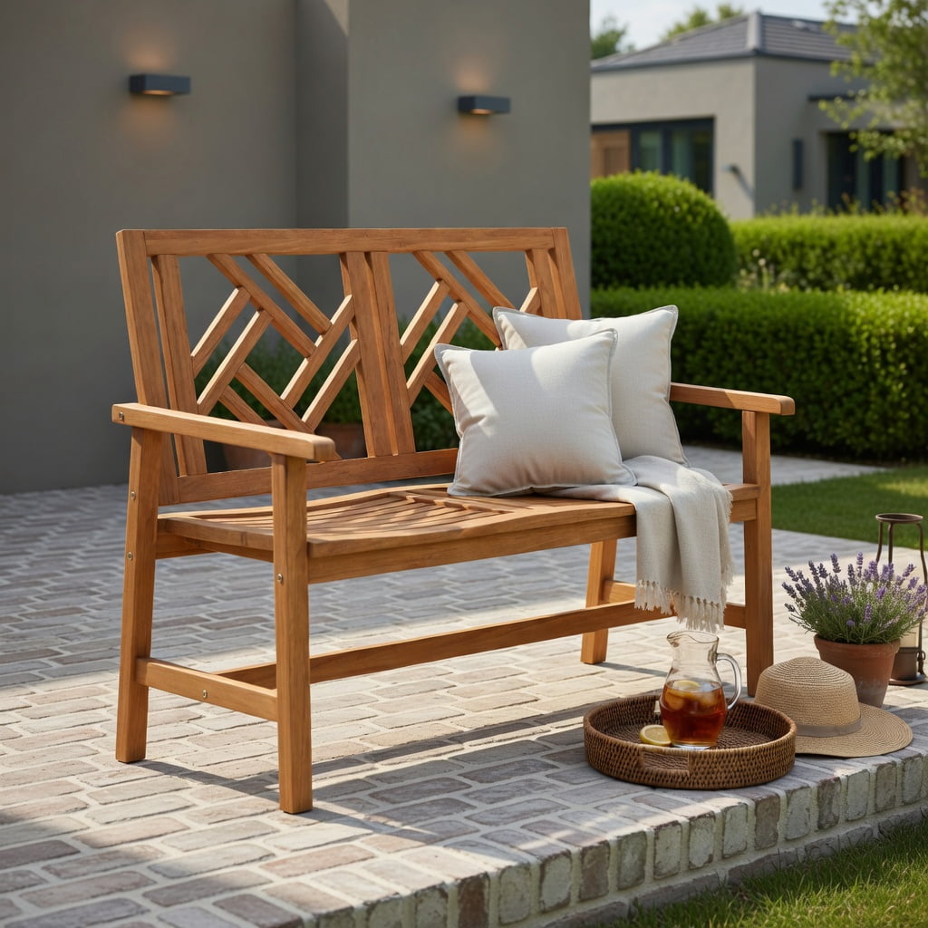 Hommoo Hardwood Outdoor Patio Bench for 2, Geometric Backrest Loveseat ...