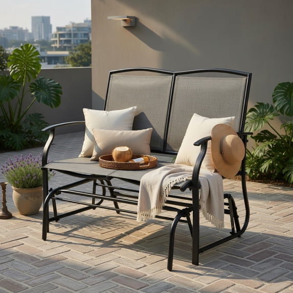 Hommoo Heavy-Duty Steel Outdoor Rocking Loveseat Chair, Textilene Patio ...