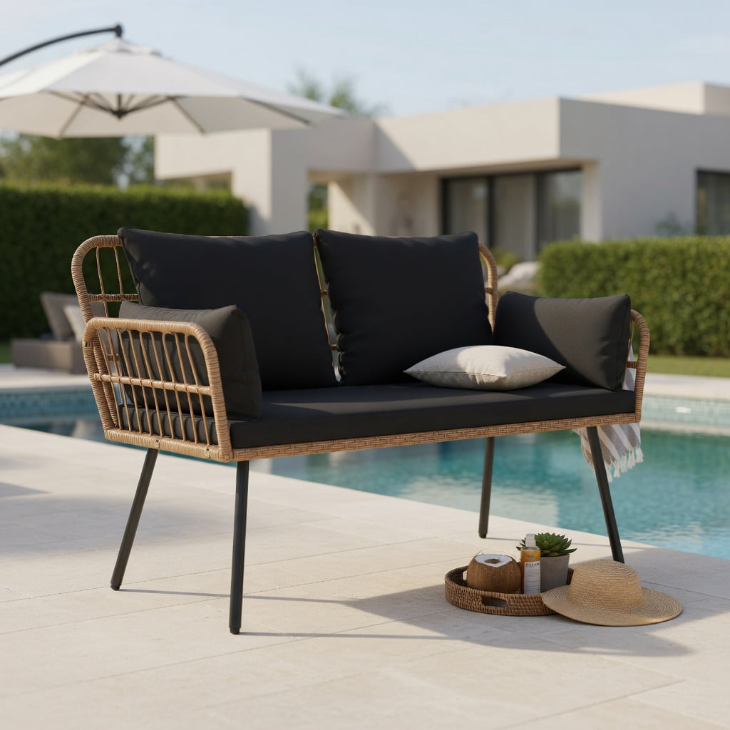 Hommoo Hommoo 2-Seat Outdoor Wicker Loveseat with Cushions, Heavy-Duty ...