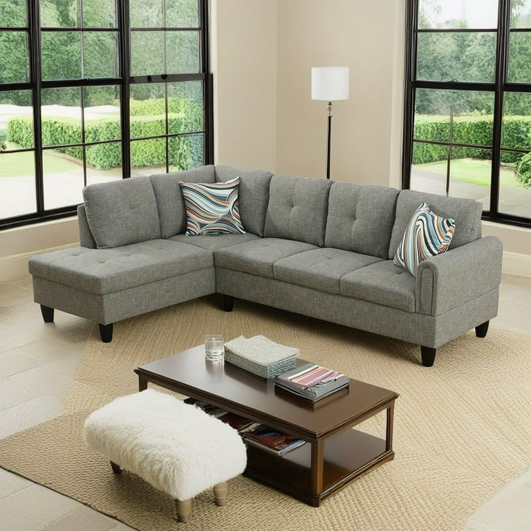 Hommoo Small Indoor L Shaped Couch Set Flannel Living Room Furniture Sets 4 Seat Sectional Sofa for Home Apartment Dorm Grey