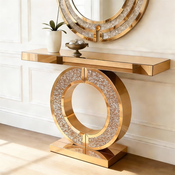 Hommoo Modern O-Shaped Mirrored Glass Console Table with Crushed ...
