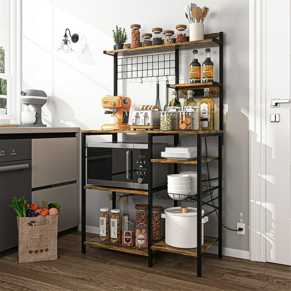 Bakers Rack with Power Outlet, Kitchen Storage Shelf with 6 Hooks ...