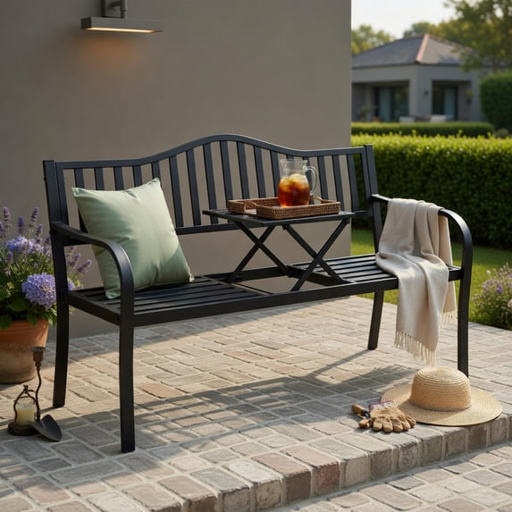 Hommoo Outdoor Steel Patio Bench with Foldable Center Table, Rust ...