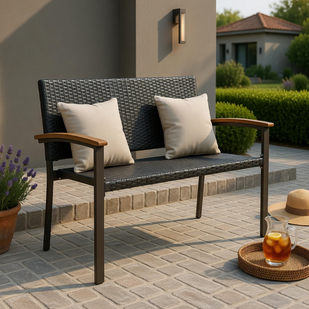 Hommoo Outdoor Wicker Patio Bench with Acacia Wood Armrests, 45" Steel ...