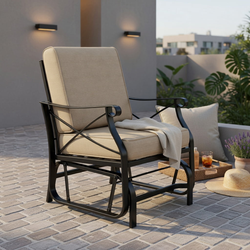 Hommoo Patio Glider Rocking Chair with Black Metal Frame, Thick ...