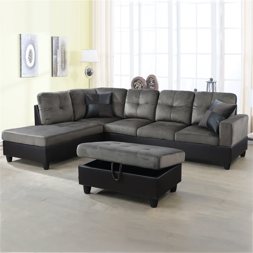 Hommoo Modern L-Shaped Flannel and PVC Sectional Sofa Set, Taupe, for ...
