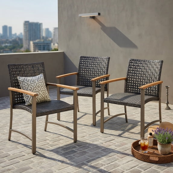 Hommoo Set of 4 Outdoor Rattan Dining Chairs with Acacia Wood Armrests ...