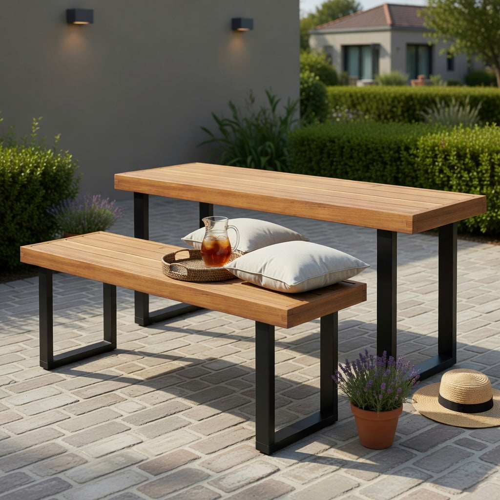 Hommoo Set of 2 Acacia Wood Outdoor Patio Benches, 48" Dining Bench ...