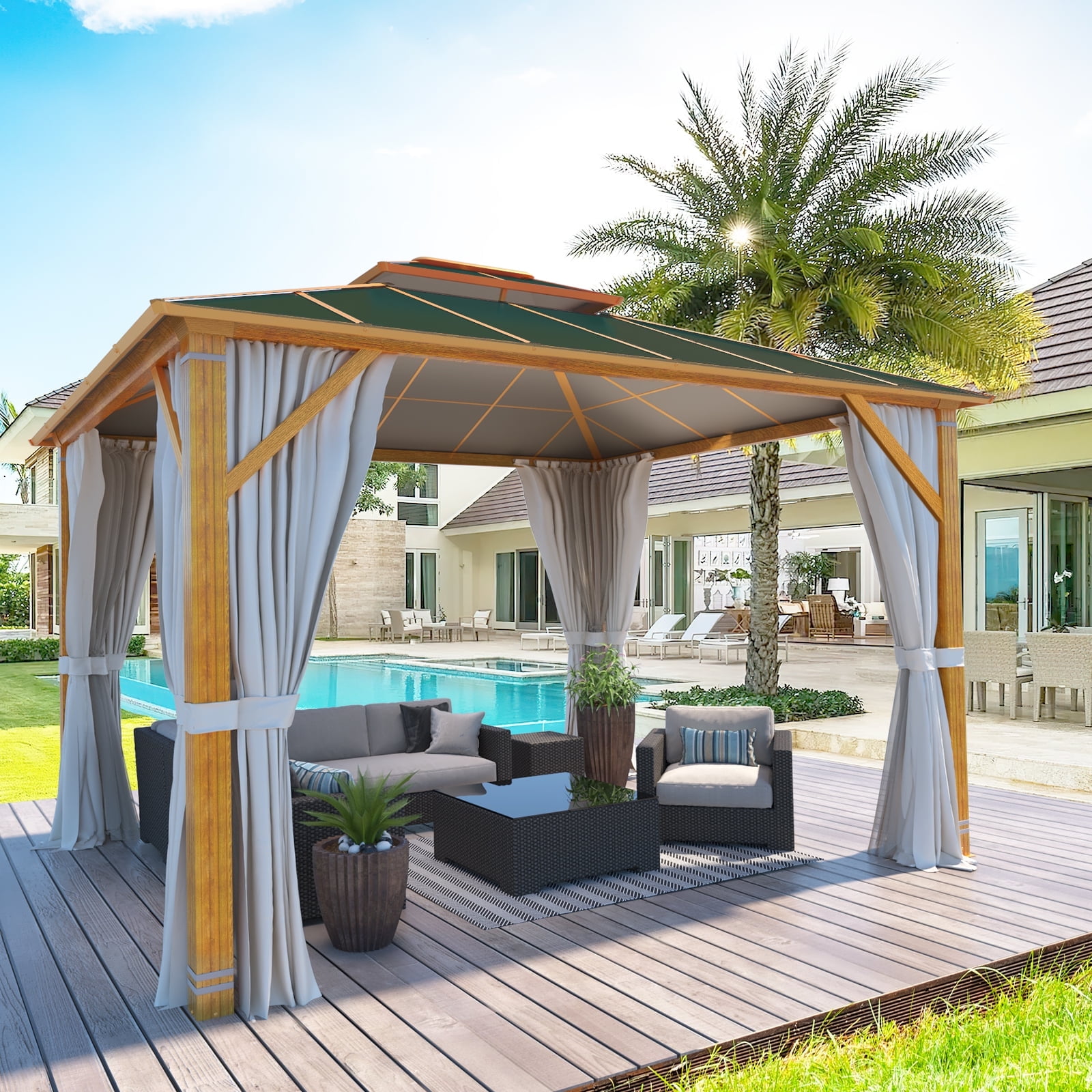 Hommow 10' x 12' Aluminum Frame Outdoor Gazebo, Metal Double Roof Patio ...