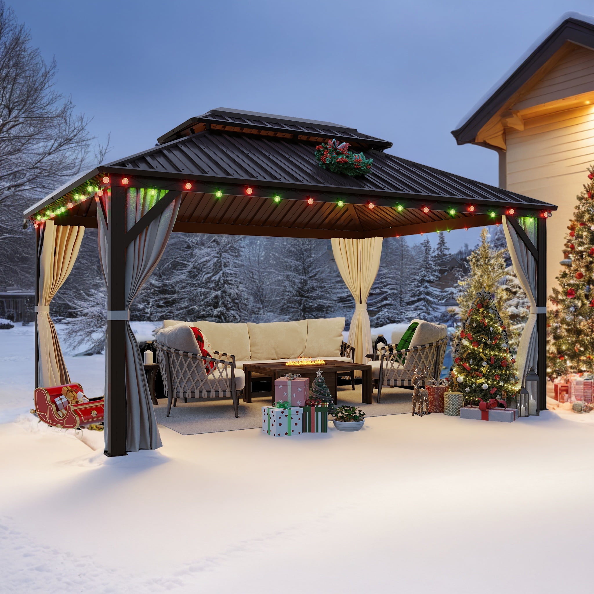 Hommow Metal Roof Gazebo, 10' x 13' Hardtop, Galvanized Steel Outdoor ...