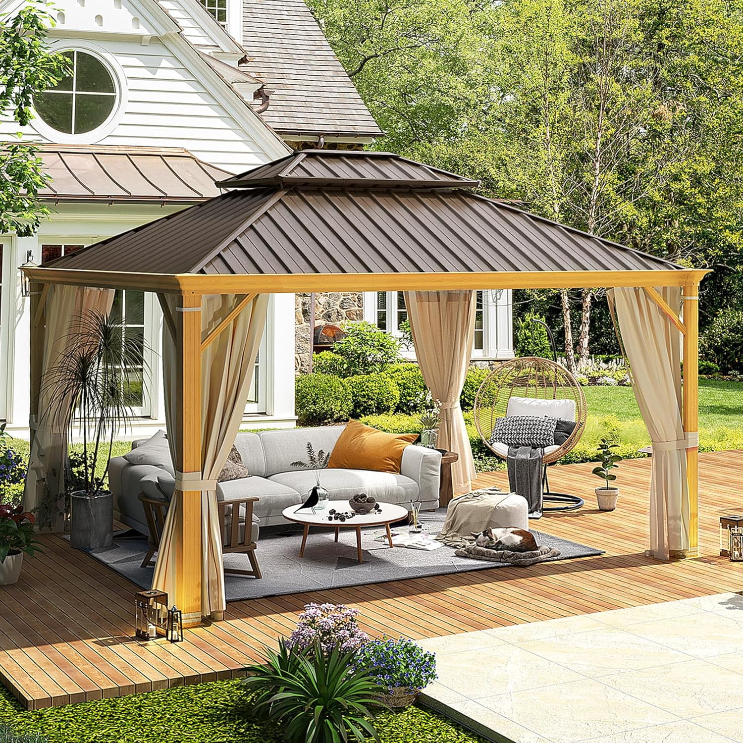 Hommow 12' x 14' Hardtop Gazebo, Wooden Finish Coated Aluminum Frame ...