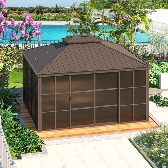 Hommow 12' x 14' Solarium Sunroom, Outdoor Hardtop Polycarbonate Roof ...