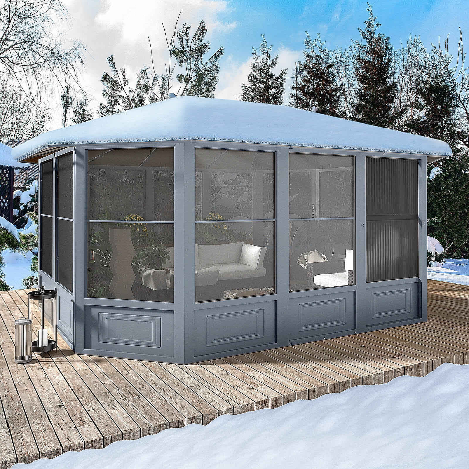 Hommow 12' x 15' Outdoor Hardtop Polycarbonate Roof Solarium Sunroom ...