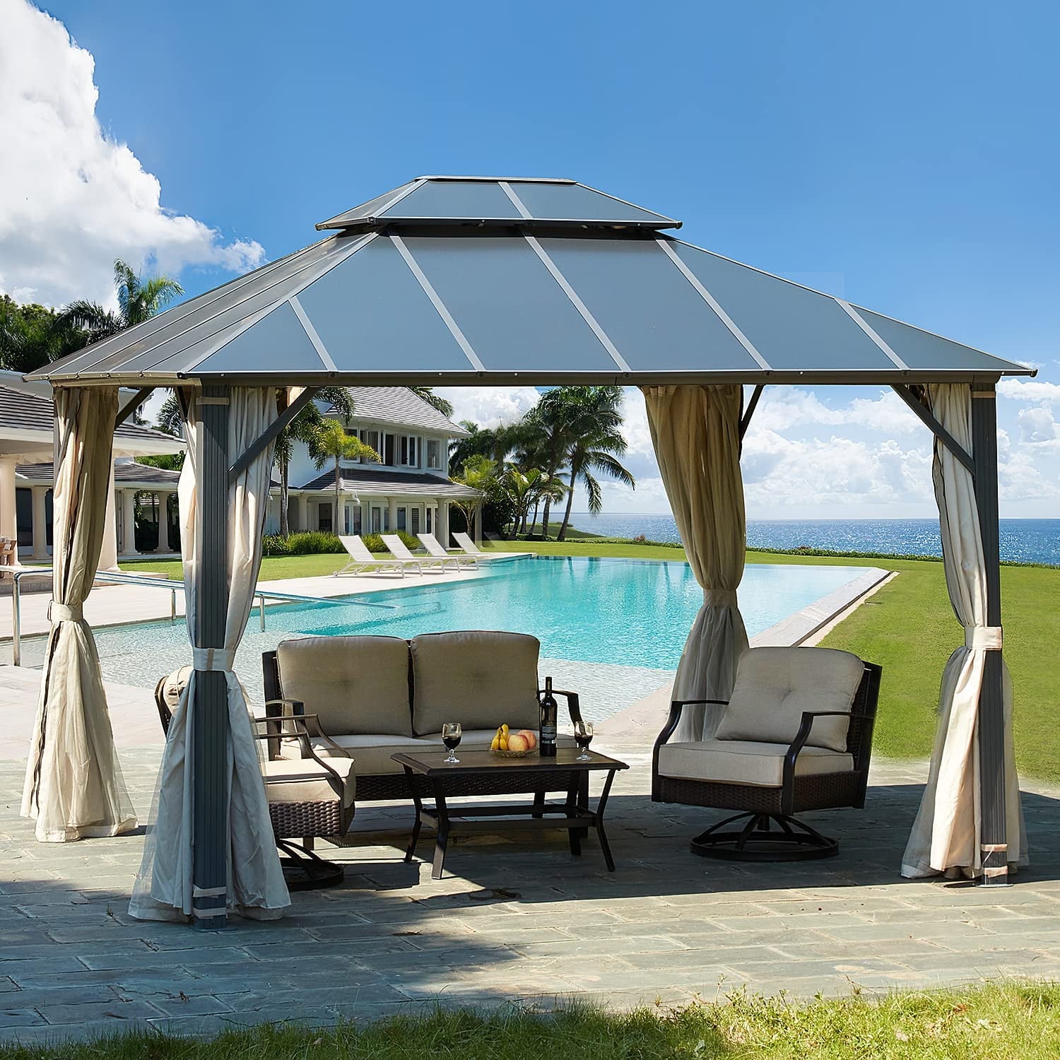 Hommow 12x14FT Outdoor Patio Gazebo, Permanent Double Roof Aluminum ...