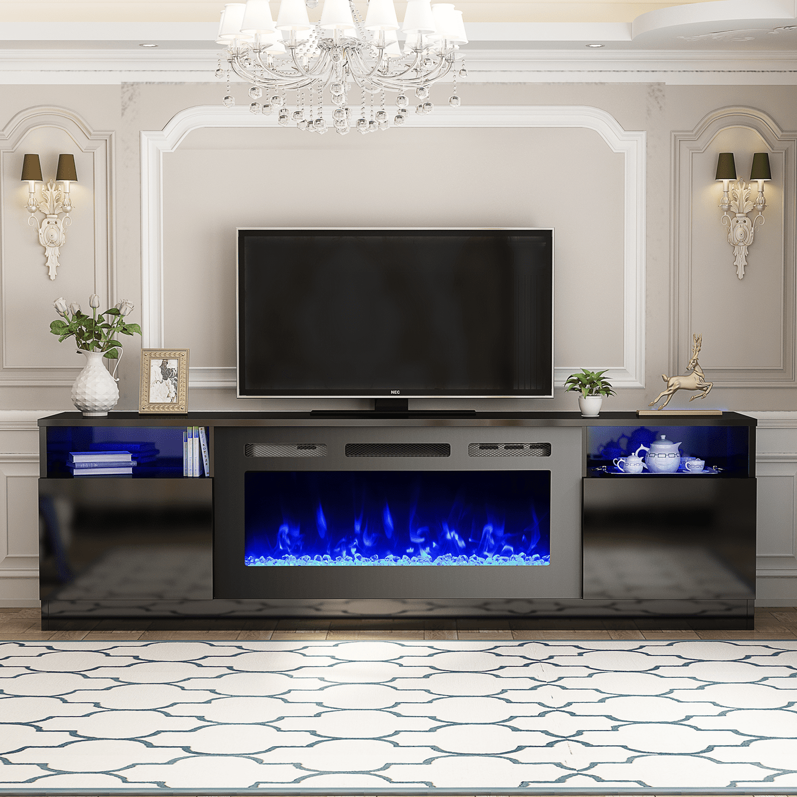 Hommow 70'' Black Fireplace TV Stand, Waterproof Electric Entertainment ...
