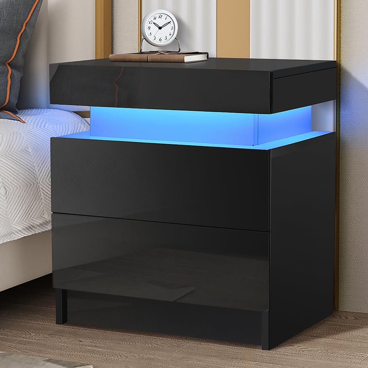 Hommp Modern LED Nightstand 2 Drawer Bedside Table High Gloss Black ...
