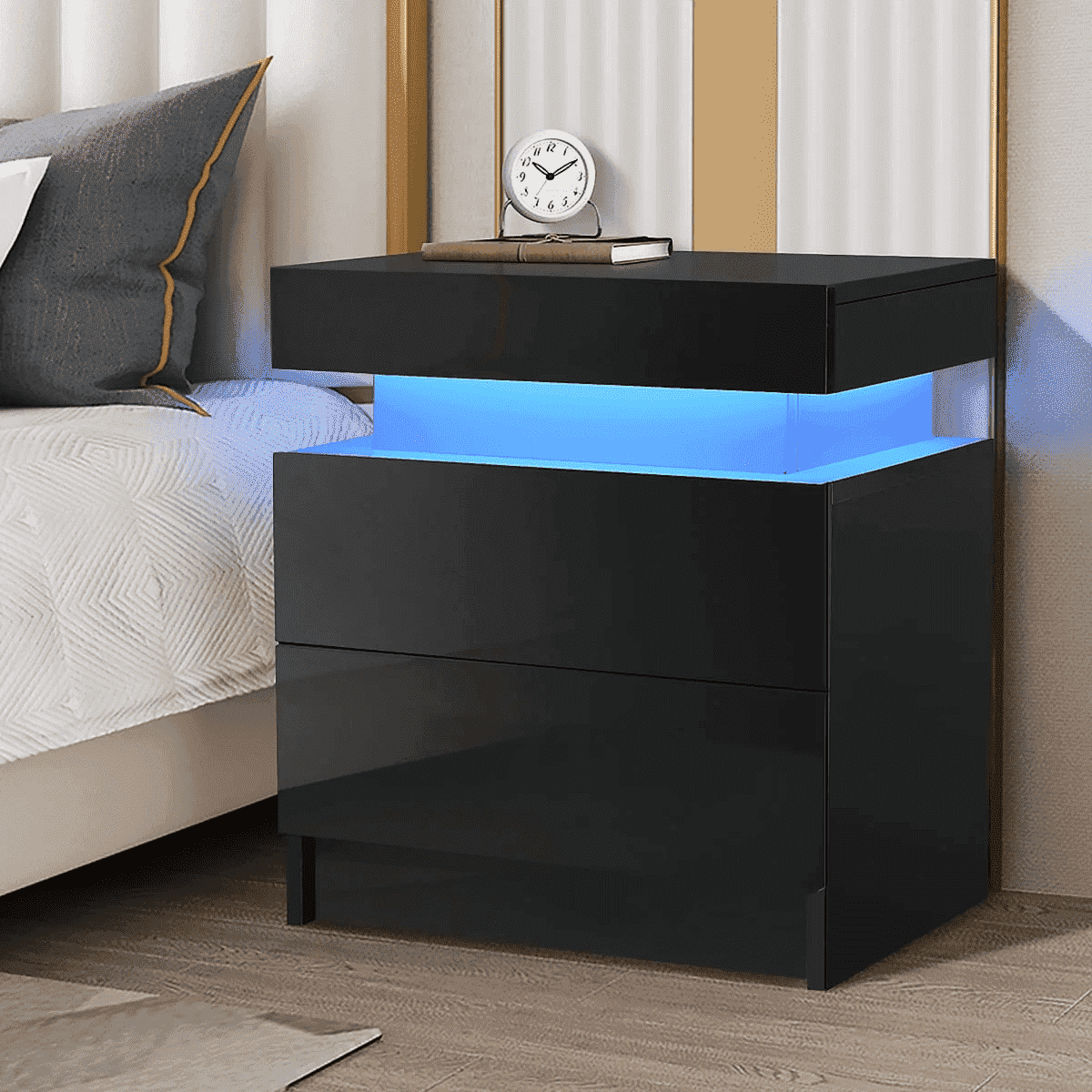 Hommpa 2 Drawer Simple Modern Nightstand with RGB LED Light, High Gloss ...