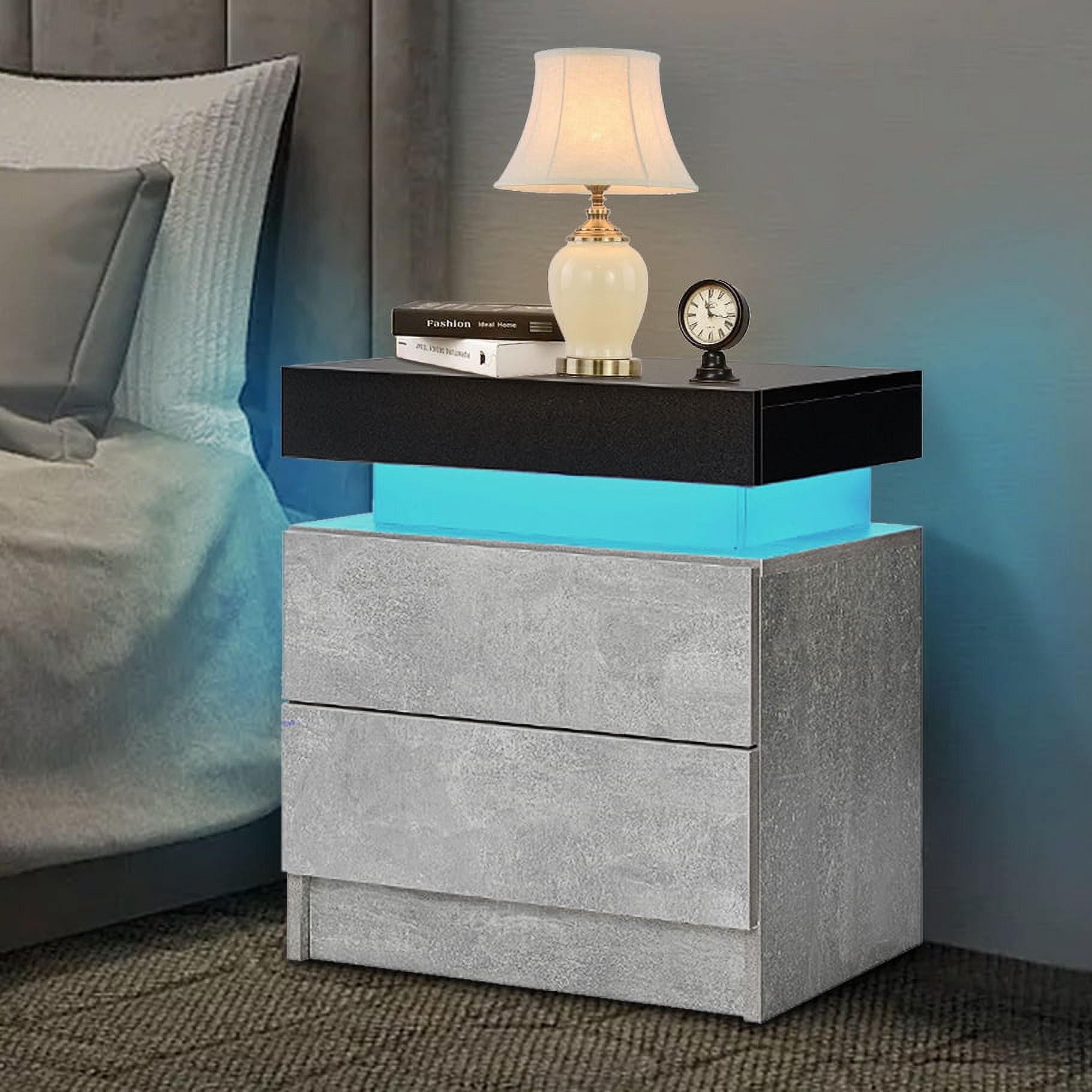 Hommpa Modern Bedside Table with 2 Drawers, RGB LED Lights, High Gloss ...