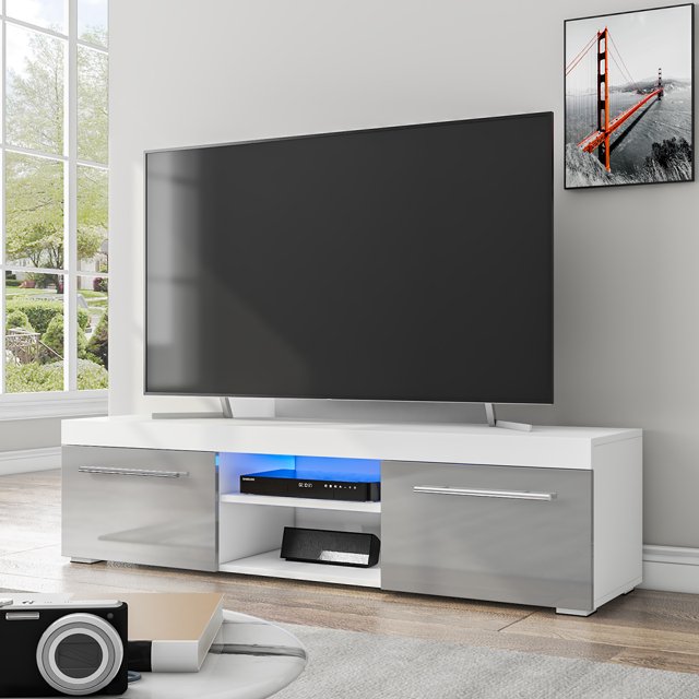 Hommpa 2 Drawers TV Cabinet for TVs up to 58" with LED Light High Gloss ...