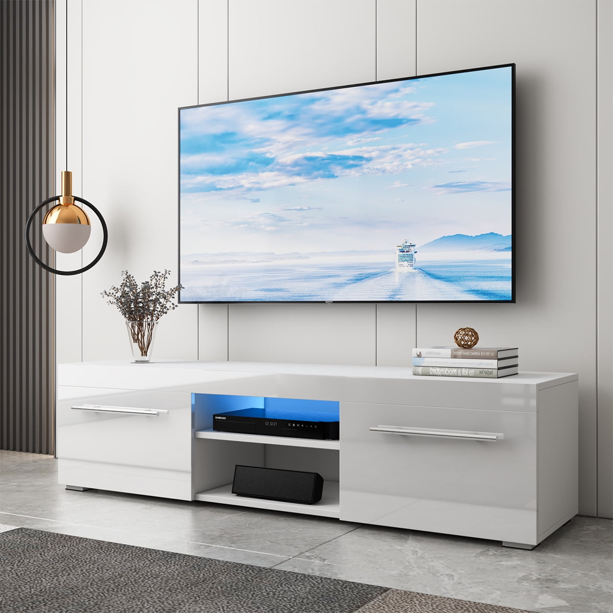 Hommpa 2 Drawers TV Cabinet for TVs up to 58" with LED Light High Gloss ...