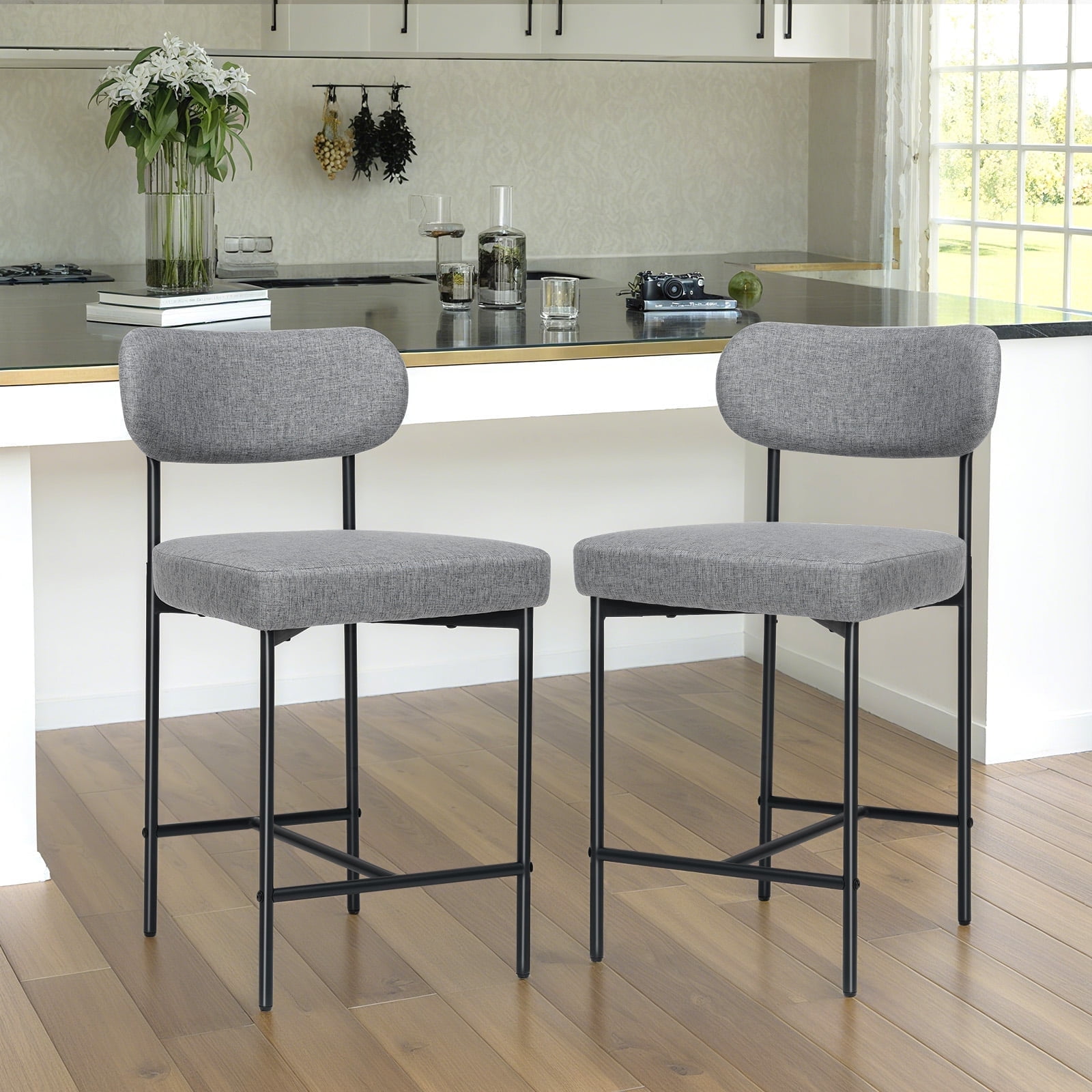 Hommpa Bar Stools Chairs Set of 2, 24" Gray Fabric Kitchen Counter ...